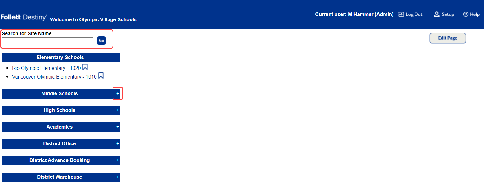 Search or browse for a site on the district Welcome page