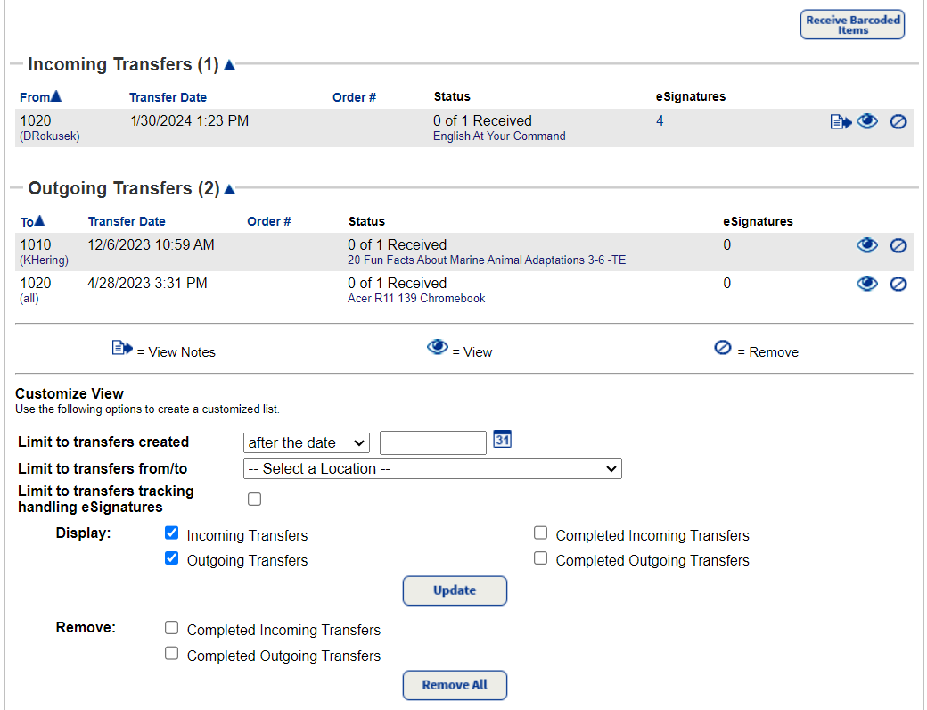 Track and receive resource transfers (Resource Manager)